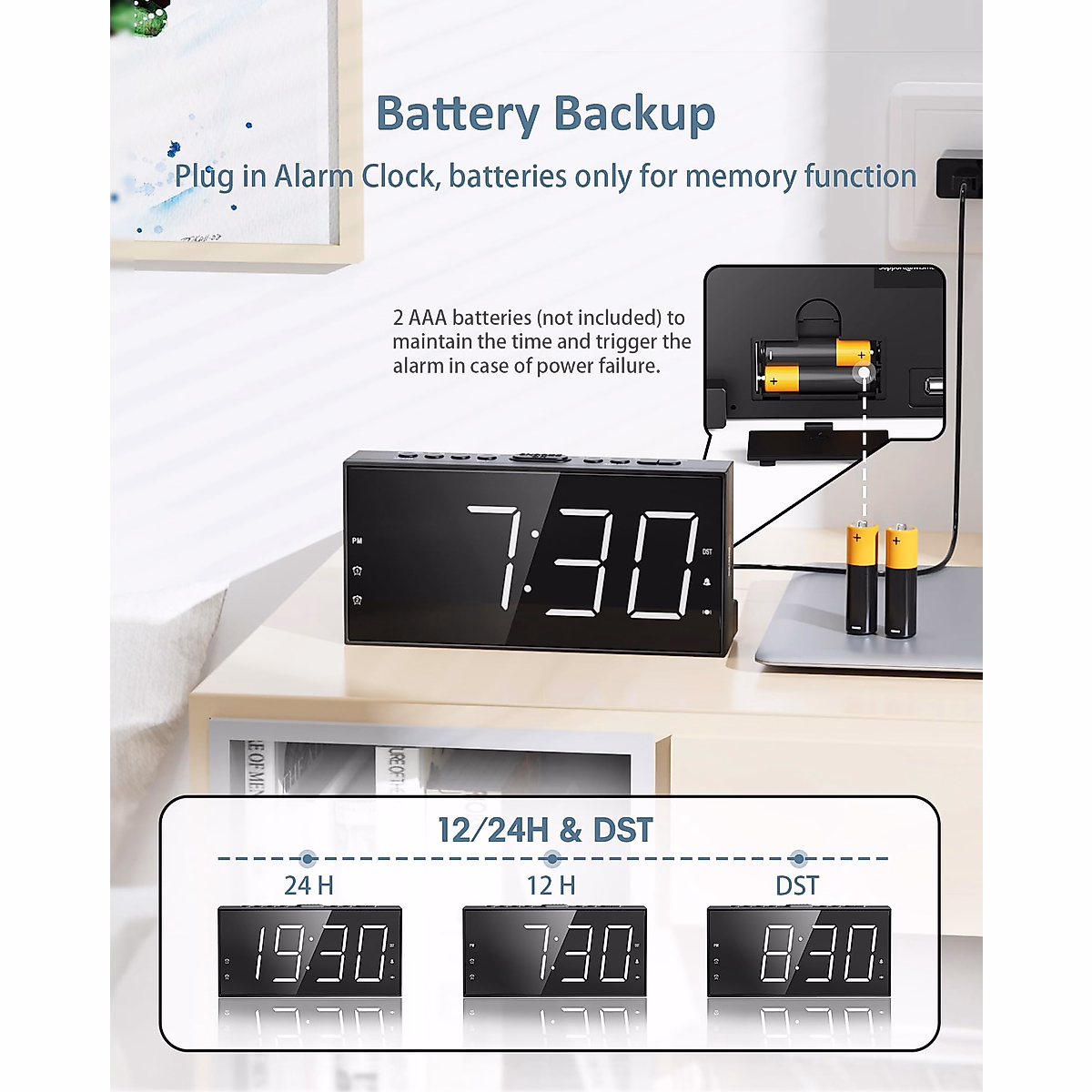 Loud Alarm Clock with Bed Shaker for Heavy Sleeper, Dual Vibrating Alarm Clock with USB Charger for Hearing-impaired Deaf, 7.5’’ Large LED Display with Dimmer, Snooze, 12/24H & Battery Backup