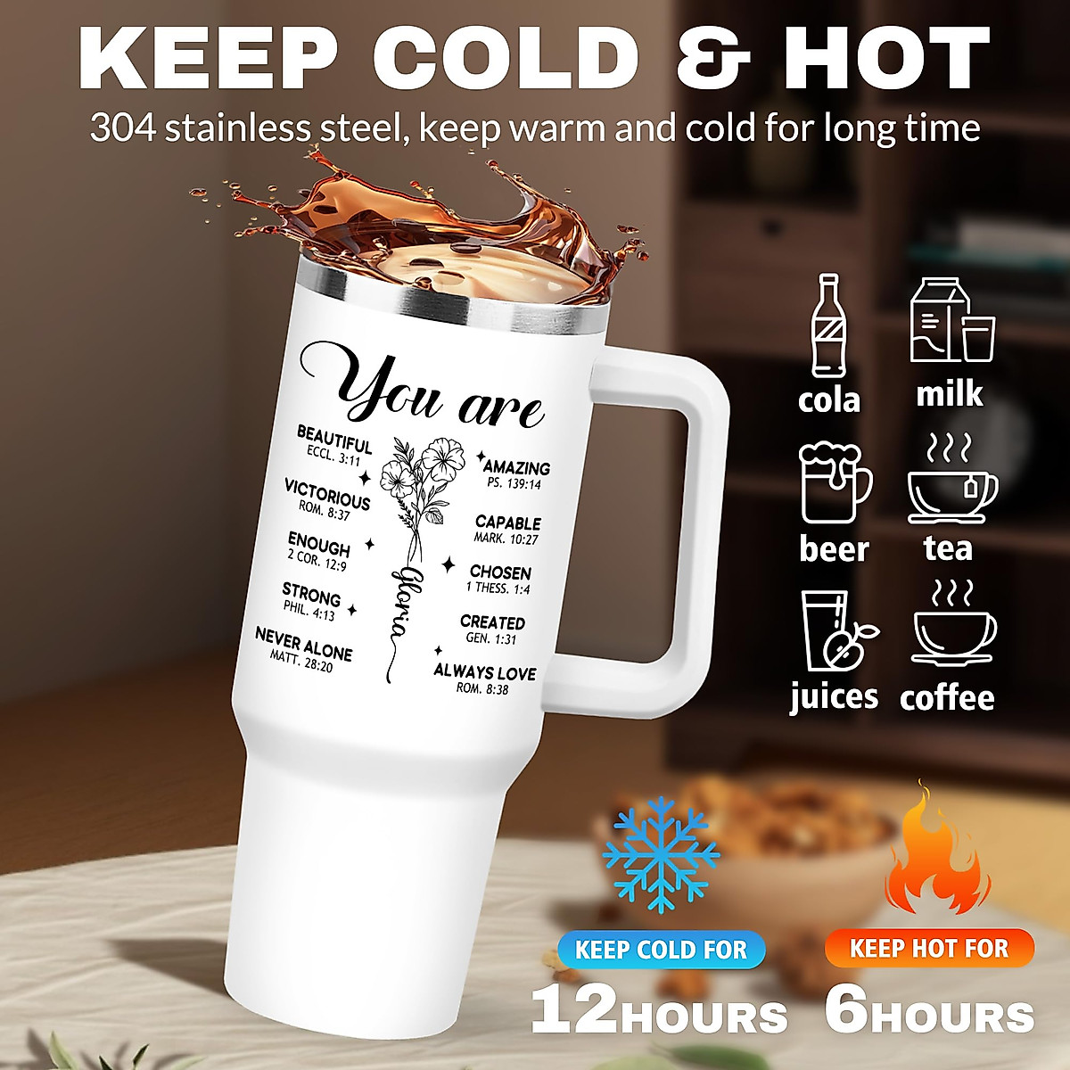 BMYDIY Personalized 40 Oz Christian Tumbler, Inspirational Spiritual Jesus Faith Religiou Gifts for Women, Custom Extra Large Stainless Steel Insulated Cup/Coffee Mug/Travel Mug with Name Birth Flower