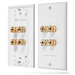Fosmon Home Theater Wall Plate - Premium Quality Gold Plated Copper Banana Binding Post Coupler Type Wall Plate (White) (Two Speaker)