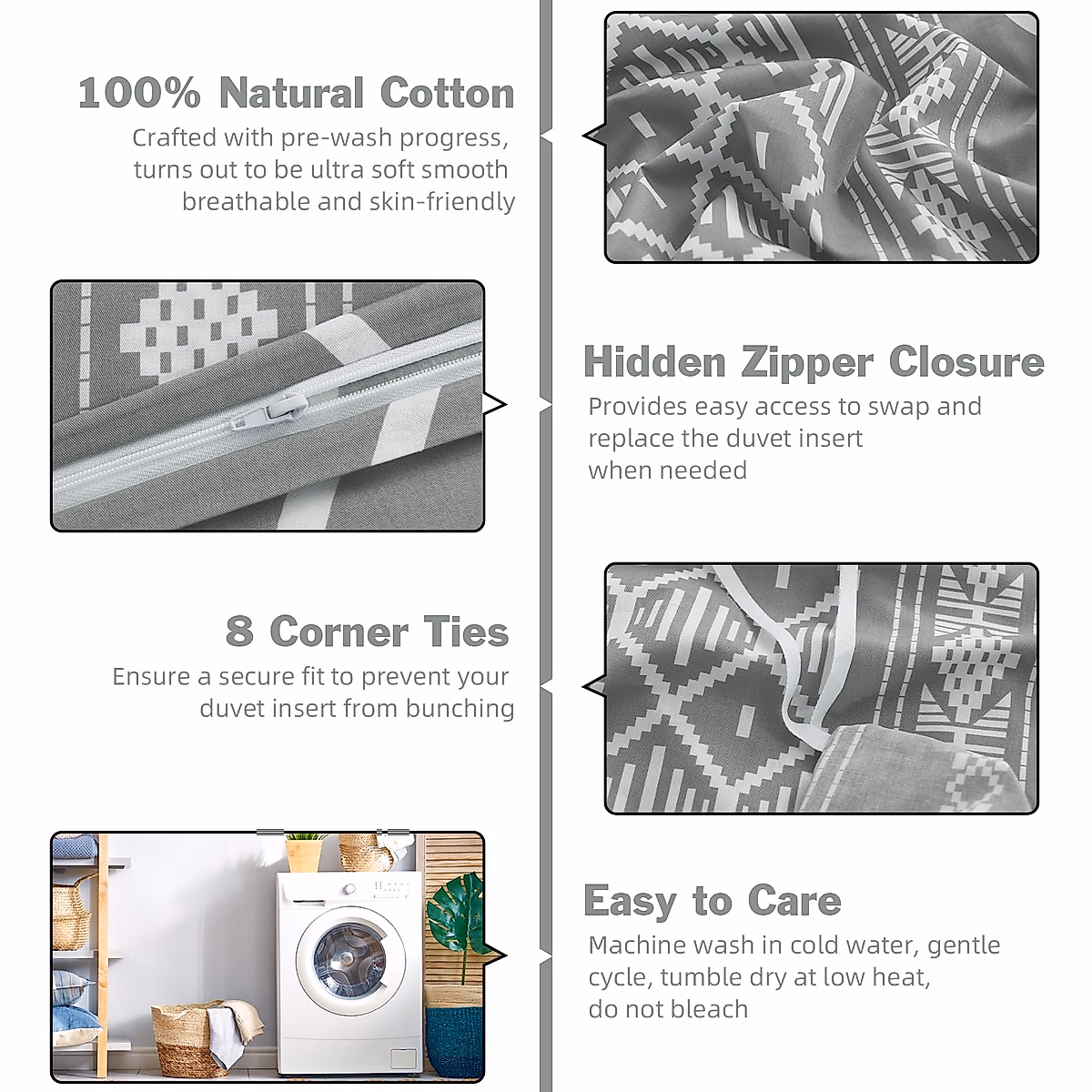 EWlinens Boho Duvet Cover King Size - Gray Geometric Bedding Duvet Cover Set 3 Pieces Bohemian Striped Pattern Printed Cotton Comforter Cover with Zipper Closure & Corner Ties, 104"x90"