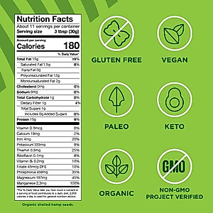 Organic Hemp Hearts, 12oz; 10g Plant Based Protein and 12g Omega 3 & 6 per Srv | Smoothies, yogurt & salad | Non-GMO, Vegan, Keto, Paleo, Gluten Free | Manitoba Harvest