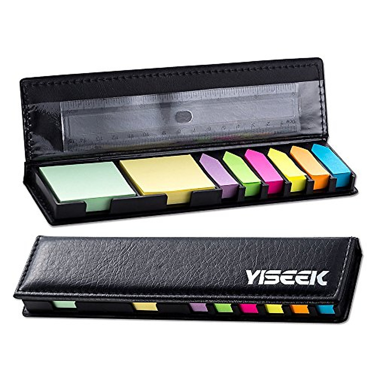 Sticky Notes Page Markers Colored Index Tabs Flags Bundle Set,2 Mini Rectangular Notes and 6 Index Arrow Flags Organizer（640pcs）, with a 15 cm (6 inch) Ruler. Leather Look Design Holder（1Set）.YISEEK