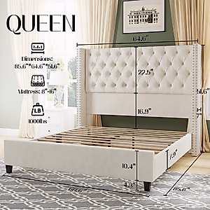 Jocisland Queen Size Bed Frame Velvet Upholstered Platform Bed with 51.6" Tall Wingback Headboard Deep Button Tufted, No Box Spring Needed, Cream