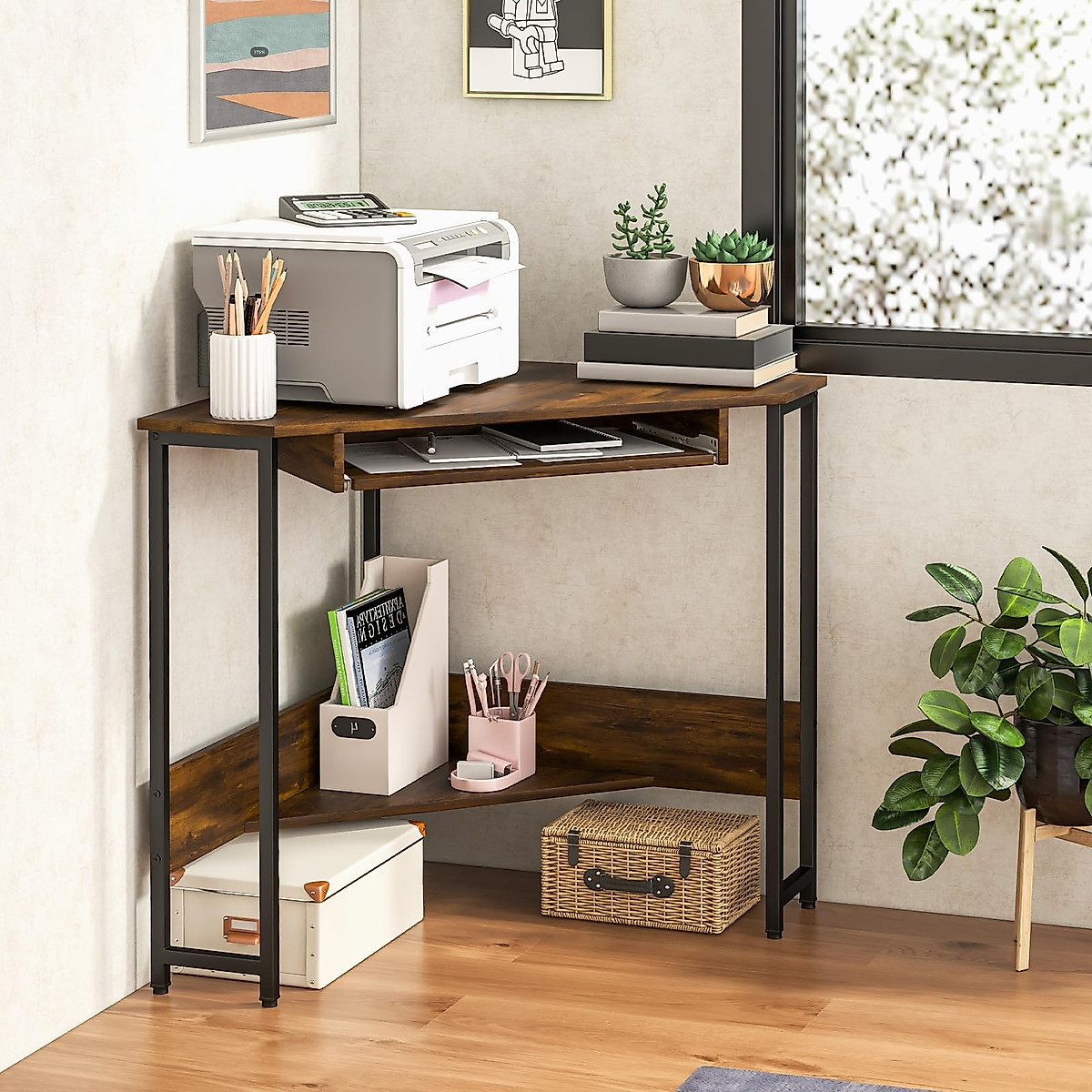 Giantex Corner Desk with Power Outlets, Small Corner Computer Desk with Keyboard Tray & Storage Shelf, Corner Office Desk for Small Space, Triangle Workstation for Home Office, Living Room, Bedroom