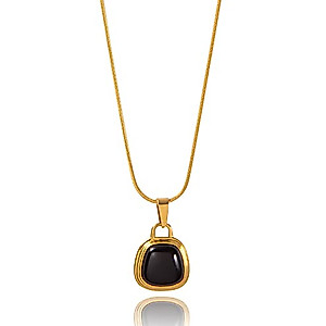 PEPELUALI 16" 18k Gold Handmade Vintage Black Onyx Pendant Necklace, Protection Gemstone Square Black Glaze Energy Healing Gemstone Pendant Necklace Jewelry, Inspirational Gifts for Women, Mom, Sister