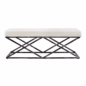 24KF Upholstered Tufted Long Bed Bench with Metal Frame Base, Linen Fabric Entryway Bench and Dining Bench- Ivory