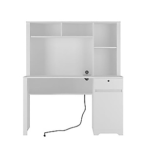 HESIEU Wooden Office Desk Computer Desk with Drawers and Cabinets Open Shelf Writing Desk Workstation Comes with 3 AC Outlets and 2 USB Charging Ports for Office Study Living Room