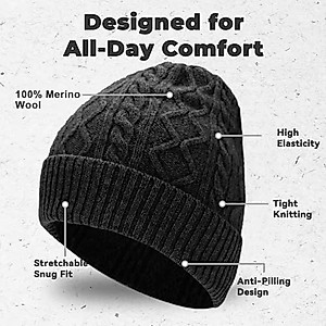 XXL Oversized 100% Merino Wool Beanie Hat for Men & Women, Extra Large Warm Winter Cap for Big Heads, Stretchy Knitted Cap