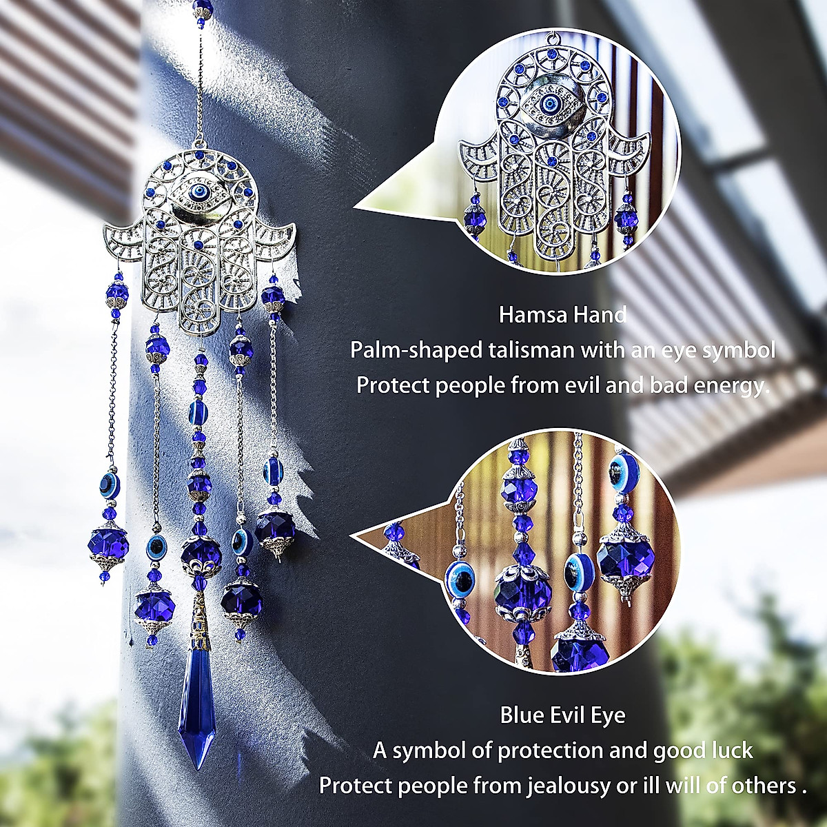 Crystal Prism Suncatcher Ornament with Hamsa Fatima Hand Protection Charm Turkish Greek Blue Evil Eye Sapphire Crystals Beads for Window Hanging Decoration