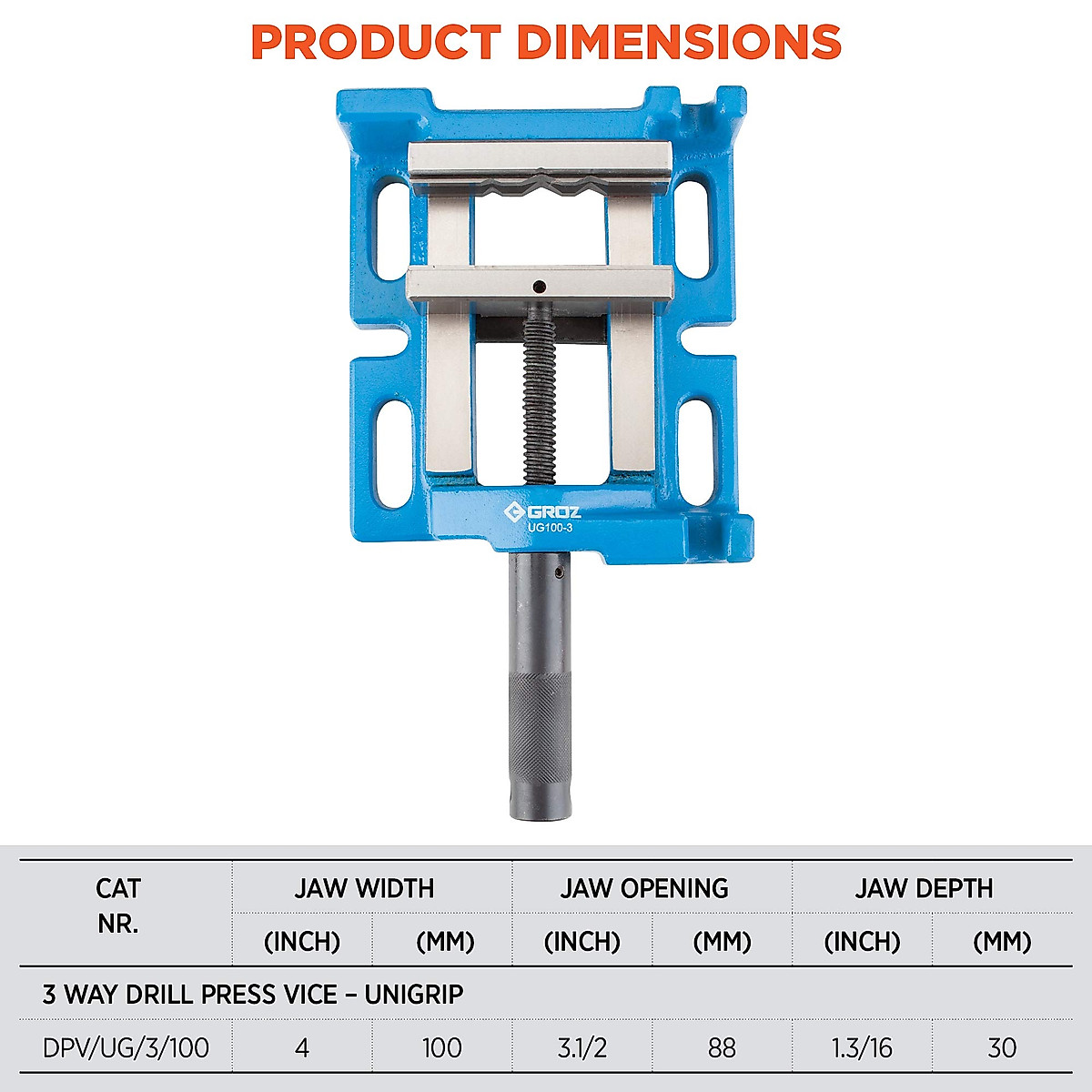 Groz 35125 4" 3-way Uni-Grip Drill Press Vise, Blue