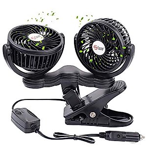 TN TONNY Flexible Dual Head Car Fan, 4 Inches Electric Car Clip Cooling Fans 180° Rotatable, Car Back Seat 12V Air Cooling Fan with Stepless Speed Regulation for SUV, RV, Vehicles