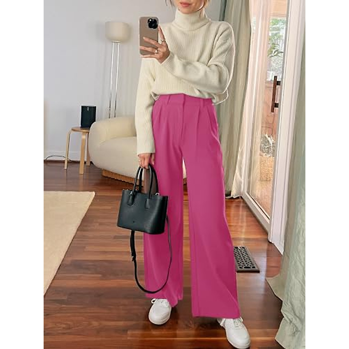 NIeyook High Elastic Waisted Wide Leg Pants for Women Casual Flowy Long Relaxed Fit Palazzo Pants with Pockets Hot Pink