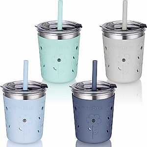 Tiblue Kids & Toddler Cups - 4 Pack 8oz Spill Proof Stainless Steel Tumblers with Leak Proof Lids, Silicone Straw with Stopper & Sleeve - BPA FREE Snack Smoothie Drinking Cup for Baby Girls Boys