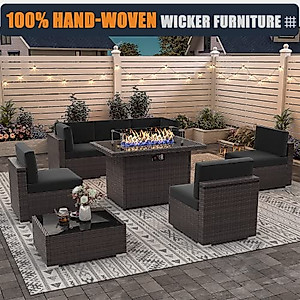KHOLH 8 Pieces Patio Furniture Conversation Sofa Set with 44" Propane Gas Fire Pit Table, Outdoor Sectional Black Rattan Wicker Sofa Set