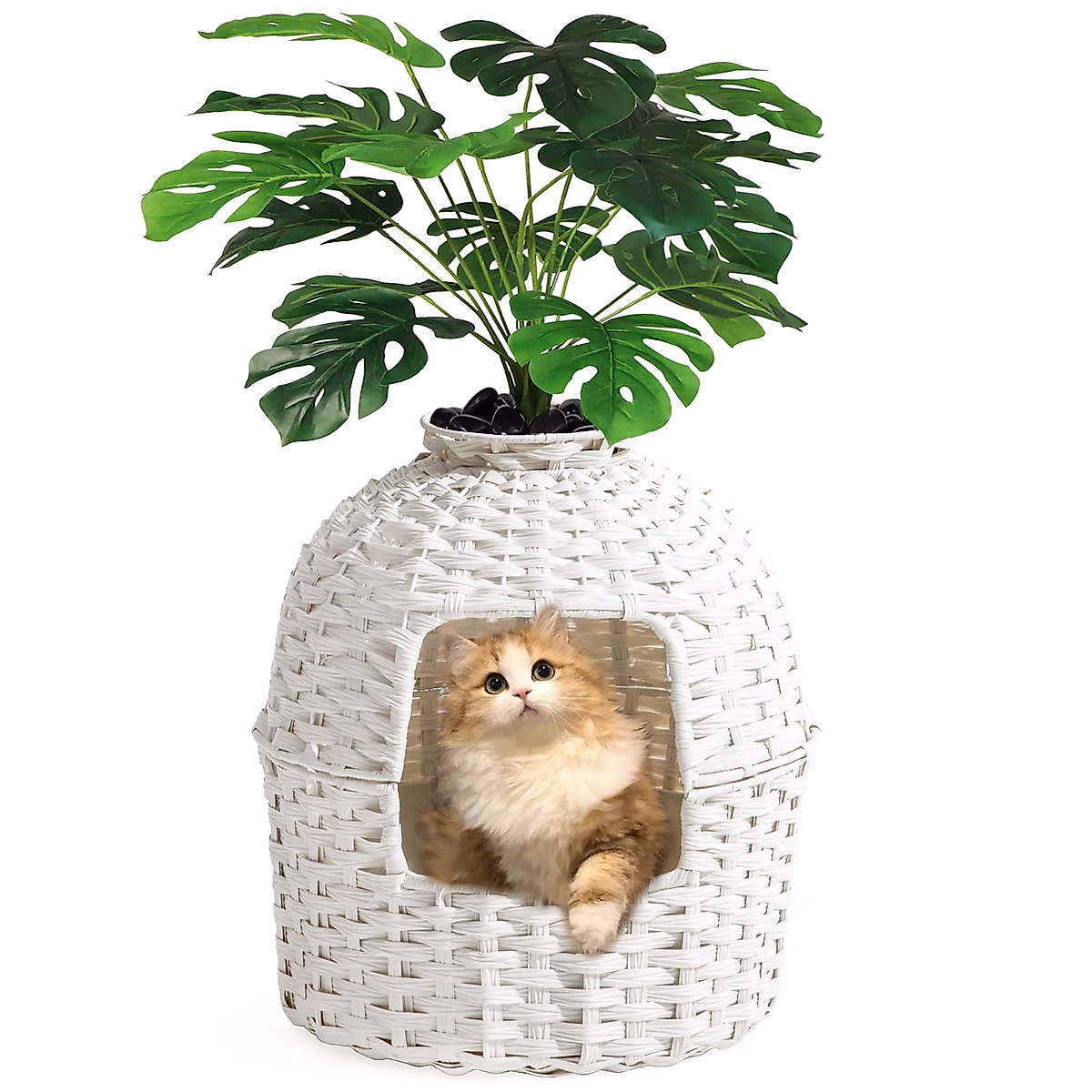 SETVSON Cat Litter Box Plant Furniture Hidden Cat Litter Box with Artificial Plants, Handwoven Rattan Cat Litter Box Enclosure with Cat Litter Box, Enclosed Plant Cat Litter Box in Living Room (White)