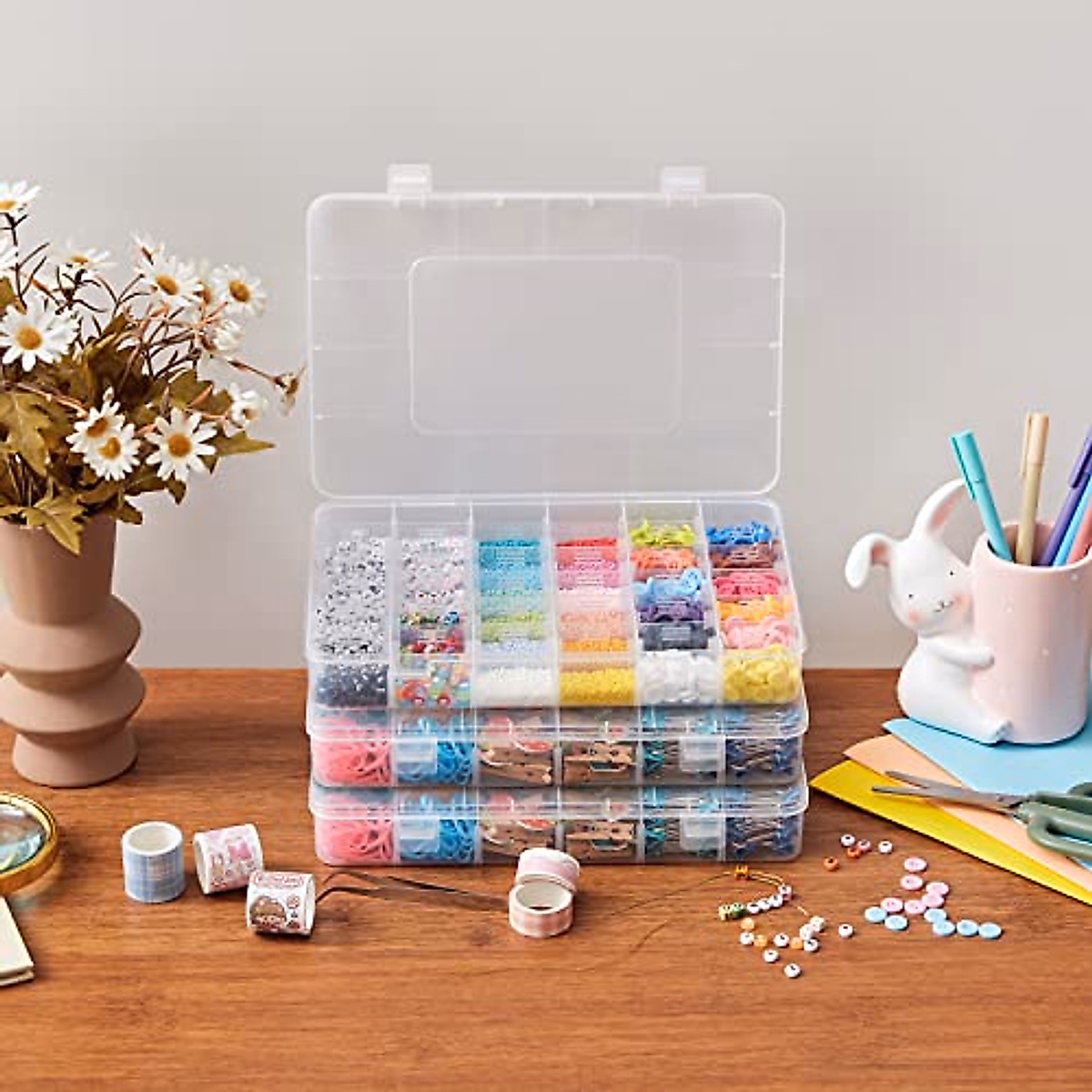 Lifewit 2 Pack 36 Grids Clear Stackable Plastic Organizer Storage Box Container with Adjustable Dividers for Beads, Art DIY, Crafts, Jewelry, Fishing Tackle with 5 Sheet Label Stickers