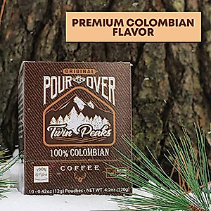 Twin Peaks Pour Over Coffee Colombian Arabica Single Serve Packet 10 Pouches in Box, Premium 100% All Natural, Non GMO