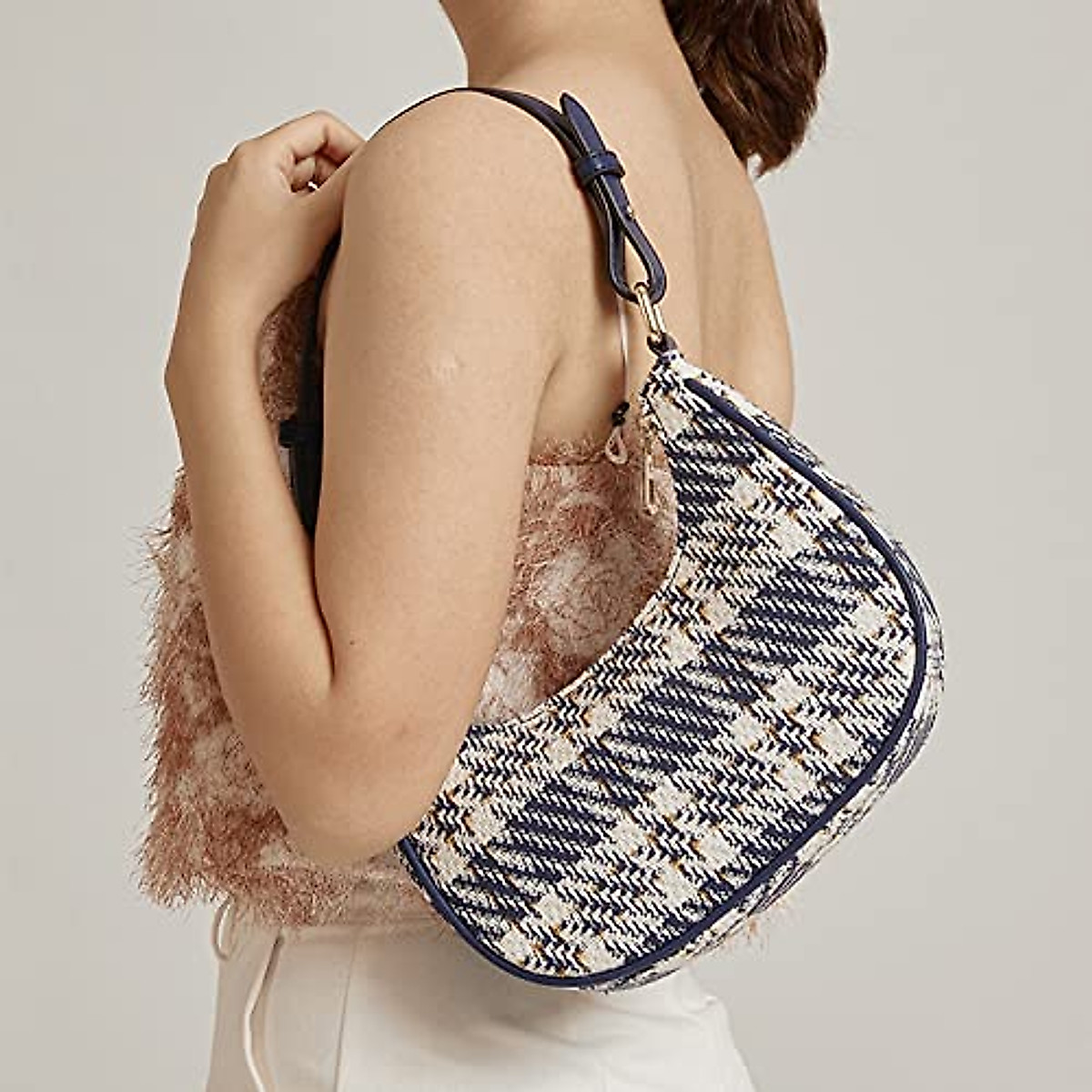 Chloe soo Women Shoulder Bags half moon purse Hobo Underarm Purse Tote Handbag Retro Blue Classic Plaid Tweed Zipper 18