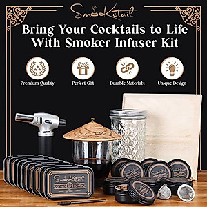 Smoketail Cocktail Smoker Kit with Torch, Topper, 9 Flavors and 18 Large and Small Wood Chips - Whiskey Smoker Kit, Old Fashioned Smoker Kit, Bourbon Smoker Kit, Drink Smoker (No Butane)
