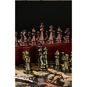 Agirlgle Retro Metal Chess Set with Folding Wooden Chess Board and Classic Handmade Standard Pieces Metal Chess Set for Kids Adult