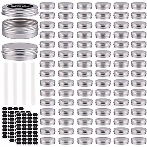 OBKJJ 96 Pack Round Cans with Screw Lid 2 Oz Aluminum Metal Tins DIY Food Candle Containers for Lotion Bars, Balms, Salve, Spices, Beard Balm, Crafts with 4 Markers 3 Sheets Label Stickers (Silver)