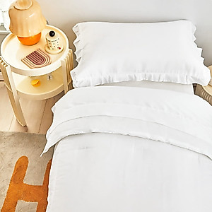 4 Pieces White Toddler Bedding Set with Ruffle Fringe, Solid Color Toddler Bed Set - 1 Toddler Comforter + 1 Fitted Sheet +1 Flat Sheet +1 Pillowcase for Baby Boys and Girls