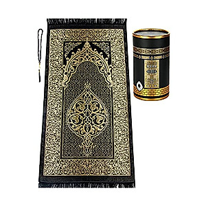 Muslim Prayer Rug and Prayer Beads with Elegant Design Cylinder Gift Box | Janamaz | Sajadah | Soft Islamic Prayer Rug | Islamic Gifts Set | Prayer Carpet Mat, Taffeta Fabric, Black