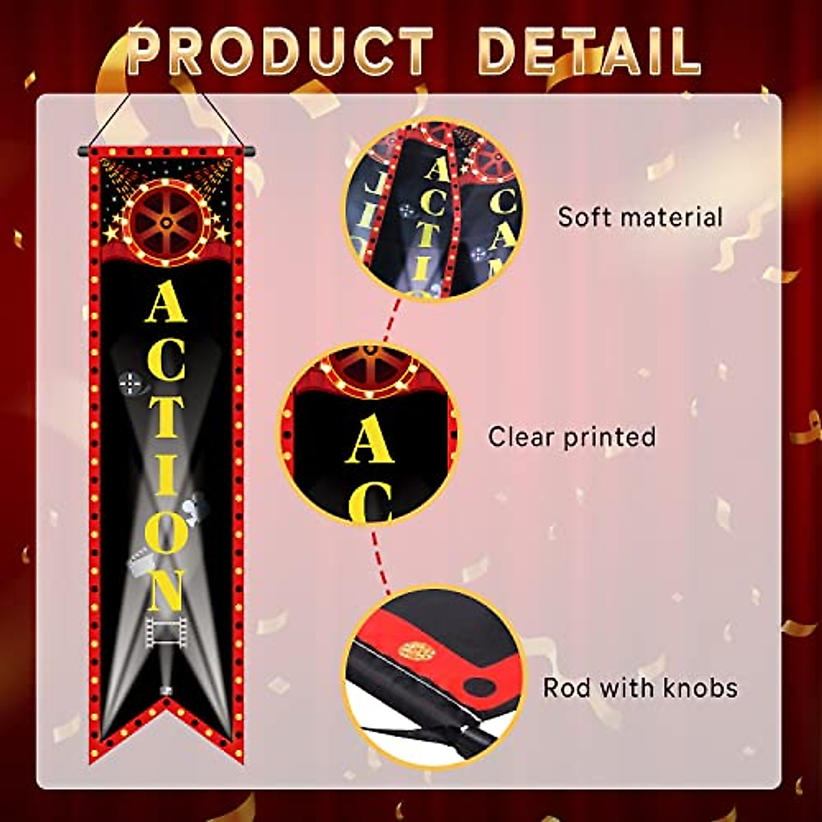 3Pcs Movie Night Porch Sign Banner Movie Theme Party Decorations Movie Theater Welcome Now Showing Lights Camera Action Hanging Porch Sign for Home Film Backdrop Party Supplies