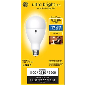 Plump GE Ultra Bright LED 3-Way Light Bulb, 75/150/250 watt Replacement, Soft White, 1100/2310/3900 lumens, exceptionally Bright, Portly LED A23, Frost Finish