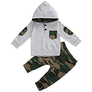 Infant Toddler Baby Camo Hoodie Set Boy Fall Camouflage Pullover Hoodies Sweatshirt Long Pants Outfit Clothes (Grey,18-24 Months)