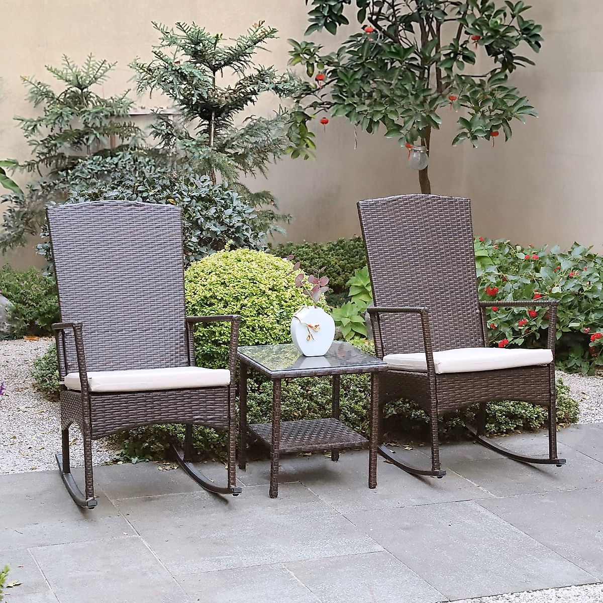 Outdoor PE Wicker Porch Rocking Chair 3 Piece Patio Bistro Set Garden Conversation Furniture Brown Rattan with Glass Coffee Table, Khaki Cushion