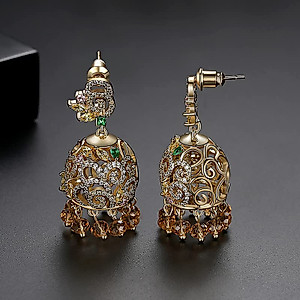 14K Gold Indian Tassel Crystal Drop Earrings for Women,Vintage Palace Style Bell Shape Heavy Industry Dangle Earrings,Fashion Christmas Jewelry Gift for Her (Style 2, 14K Gold)