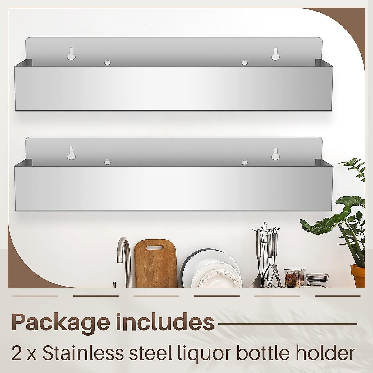 Tanlade 2 Pieces 32 Inch Single Speed Rail Stainless Steel Liquor Bottle Holder Wall Mounted Spray Bottle Rack Drink Rail Shelf for Bars, Silver