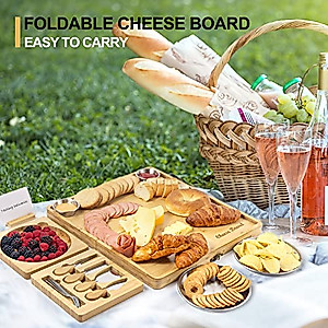 SunClenase Foldable Charcuterie Boards Gift Set - Bamboo Cheese Board and Knife Set - Large Charcuterie Board Set- Perfect Housewarming & Wedding Gifts