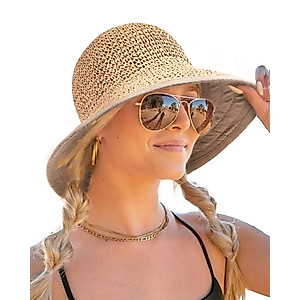 FURTALK Sun Hats for Women Summer Beach Hat Wide Brim Handmade Straw Hat Foldable Packable UPF 50 Crochet Travel Bucket Hat Khaki