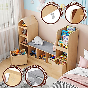 Halitaa Kids Bookcase and Bookshelf with Reading Nook, Toy Storage Organizer for Kids, Oak Bookcase with 7 Storage Cubbies 2 Movable Drawers and Seat Cushion for Kids Room, Playroom, Bedroom