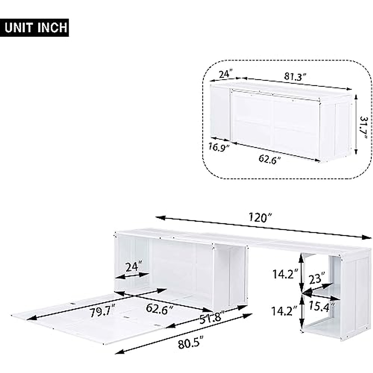 DNYN Queen Size Murphy Bed with Storage Shelves & Rotable Desk & Cabinet Design,Solid Wood Bedframe,Space Saving & No Box Spring Need,Perfect for Livingroom,Guestroom,Bedroom, White