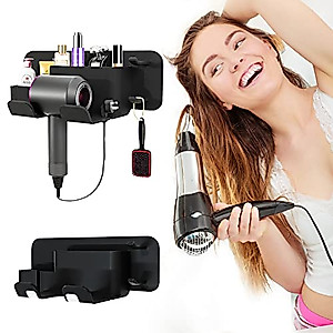 Hirolulu Self-Adhesive Hair Dryer Holder Drill-Free Removable Wall Mounted Multi-Func Blow Dryer Holder for Bathroom Salon, Hair Dryer Rack & Styling Care Tool Organizer Storage Basket, Morden Black