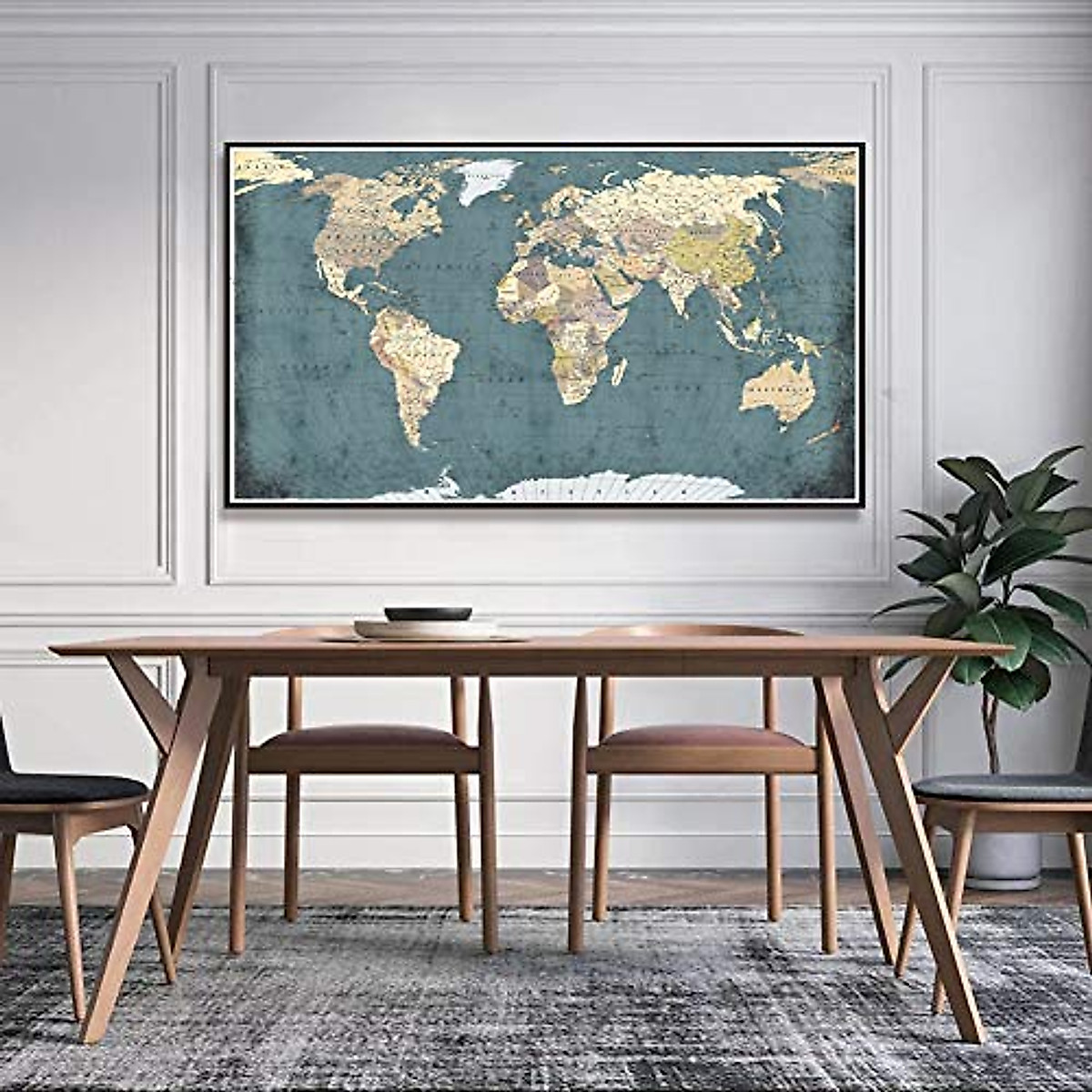 Welmeco Large Office Wall Decoration Retro Detailed World Map Canvas Prints with Premium Black Frame Vintage Push Pins Travel Map of The World Picture Artwork for Modern Home Office Living Room Decor