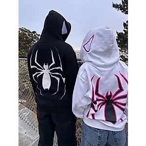 Obenie Y2k Spider Print Hoodies Hip Hop Zipper Long Sleeve Jacket Coats Harajuku Casual Loose Hooded Sweatshirt (white,L,Large)