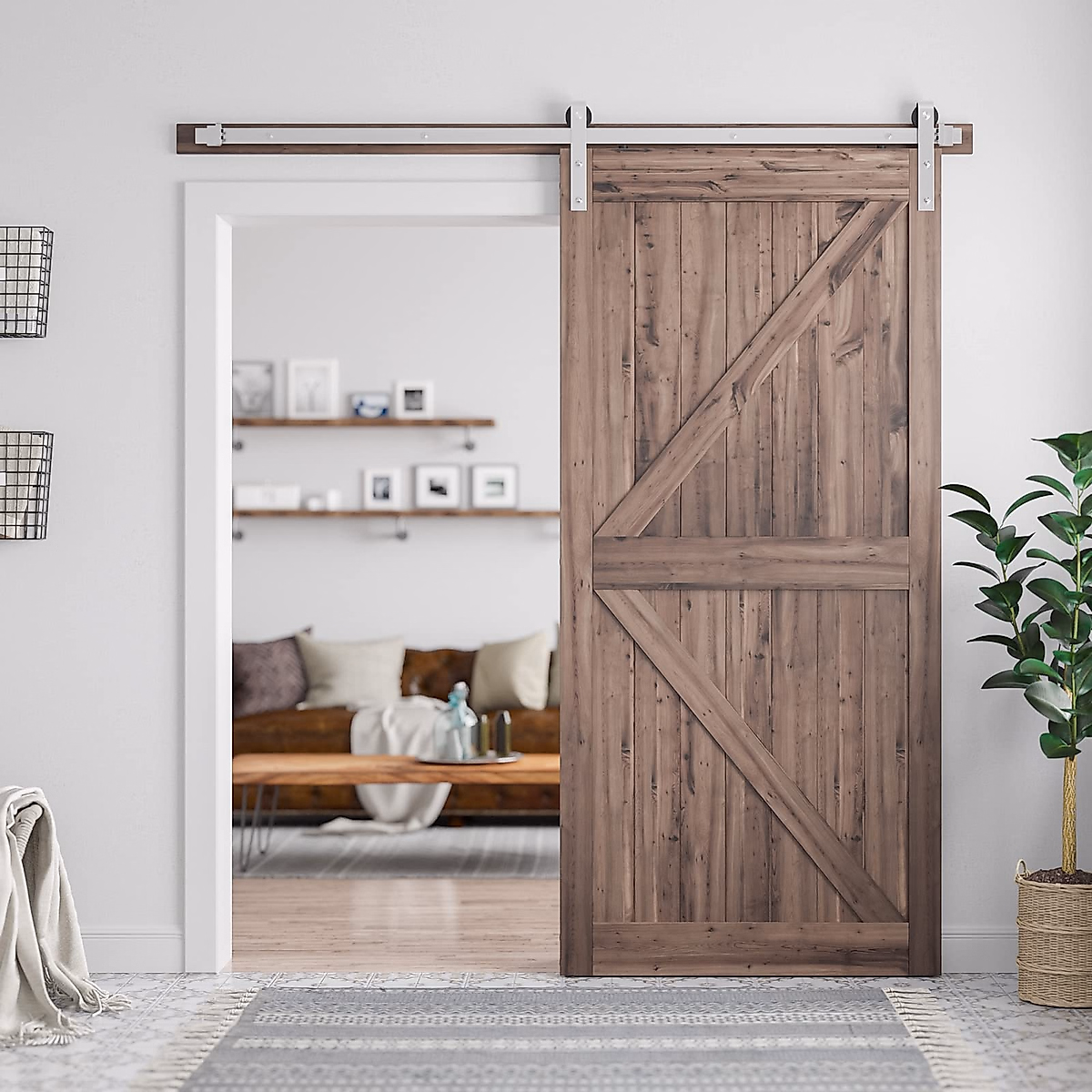 SMARTSTANDARD 6.6 Feet Brushed Nickel Barn Door Hardware Kit-Heavy Duty Sliding Track-Smoothly and Quietly-Easy to Install-Fit 36"-40" Wide Door Panel (J Shape Hanger)