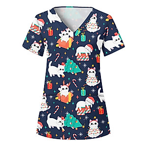 Scrubs for Women Christmas Printed Nursing Tops Oversized Medical Scrub V Neck Stretch Workwear Holiday Scrubs Tops