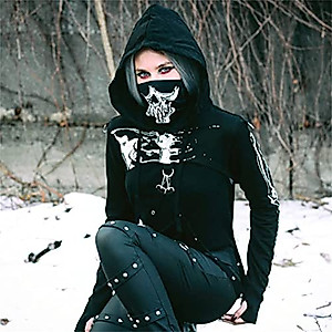 Cropped Hoodie Rave Goth Crop Tops for Women Sexy Black Skeleton Masks Sweatshirts Long Sleeve Cute Pullover Sweaters Chain