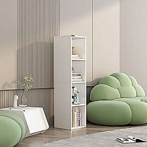 MIN WIN 4-Tier Narrow Bookcase Bookshelf, 4-Tier Cubby Storage Shelf Bookshelf, 4-Shelf Open Shelf Bookcase, Tall Narrow Cube Display Storage Shelves, Small Spaces, White