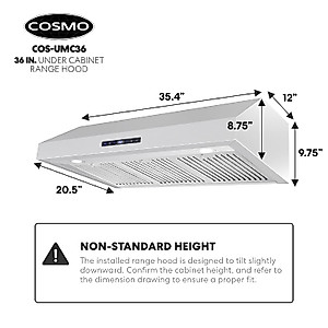 COSMO UMC36 36 in. Ducted Under Cabinet Stainless Steel Range Hood with LED Light, 380 CFM, Permanent Filter, 36 inch