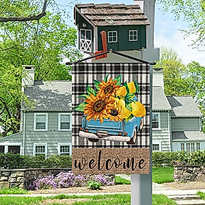 YOVOYOA Hello Summer Sunflowers Lemon Garden Flag for Outside, Summer Truck Welcome Yard Flag, Hello Sunshine 12.5 x 18 Inch Double Sided Plaid Flag for Farmhouse Patio Lawn Yard Outdoor Decor