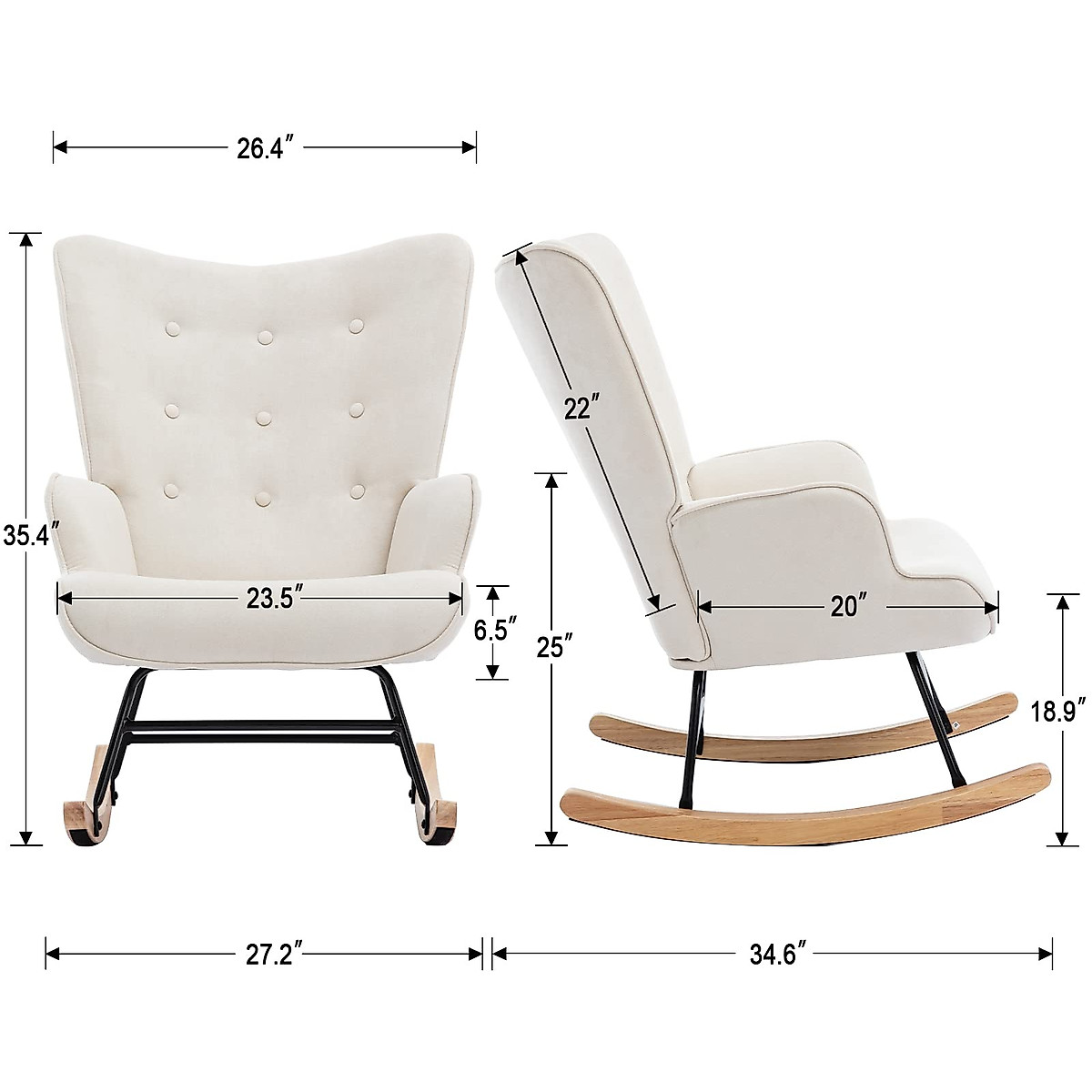 Accent Rocking Chair with Ottoman, Modern Tufted Button Wingback Glider Rocker Armchair with Solid Wood Legs, Beige