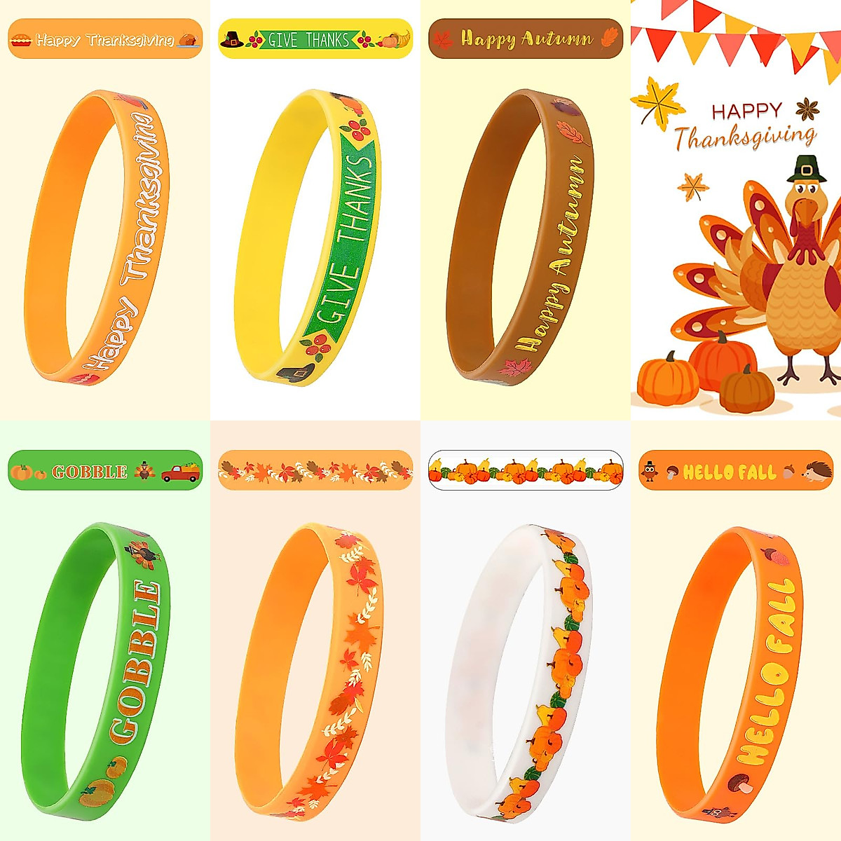 JUNEBRUSHS 42pcs Thanksgiving Party Favors Silicone Bracelets Rubber Wristbands Accessories for Autumn Thanksgiving Kids Adults Party Decorations Stuffers Filler Gift Supplies(7 Designs)