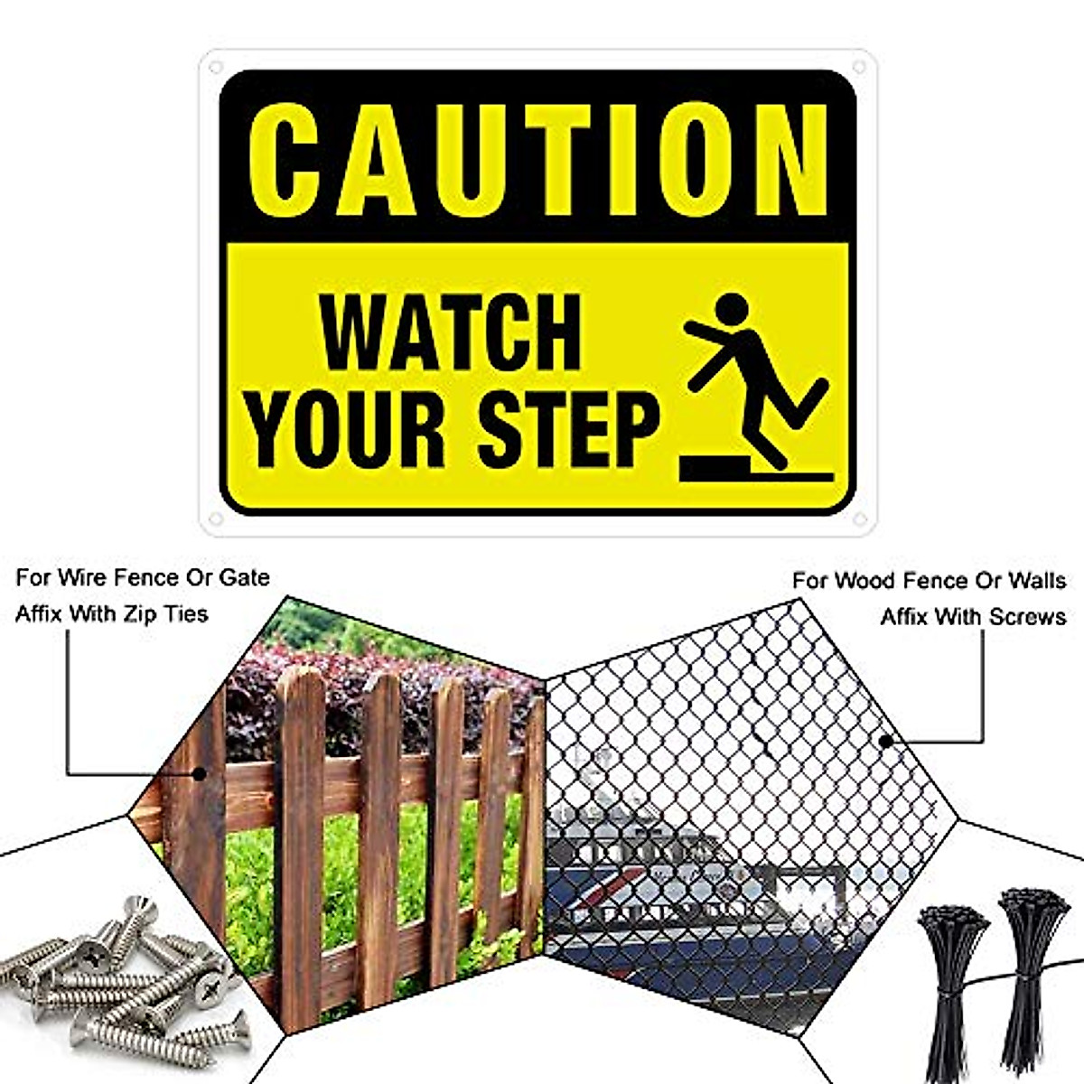 GLOBLELAND 2 Pack Watch Your Step Caution Sign, 7x10 inches 30 Mil Aluminum Security Warning Signs for Stairs or Platforms, UV Protected and Waterproof