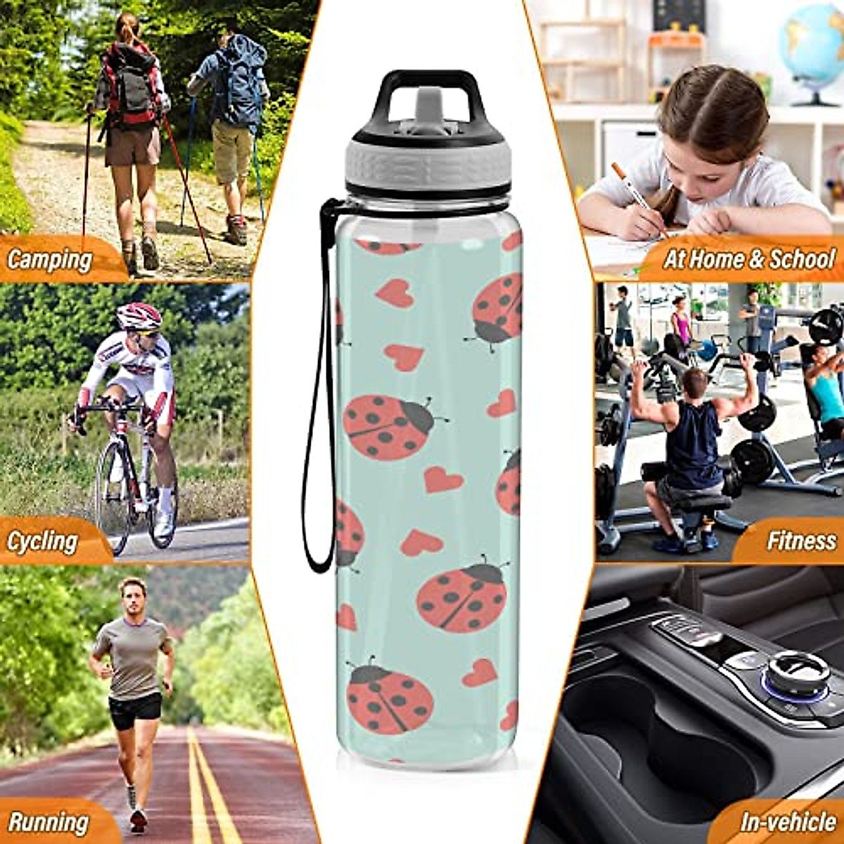 xigua Ladybug Water Bottle with Straw Lid,32 oz Leakproof Sport Water Bottle with Wide Handle for Gym,Cycling,School,Travel